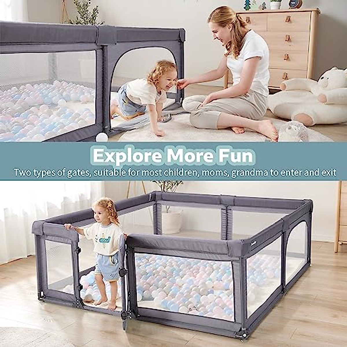 Sweeby Baby Playpen, 79x71 Playpens for Babies and Toddlers with Gate, Large Baby Play Yards with Zipper Door, Indoor & Outdoor Baby Fence, Dark Grey
