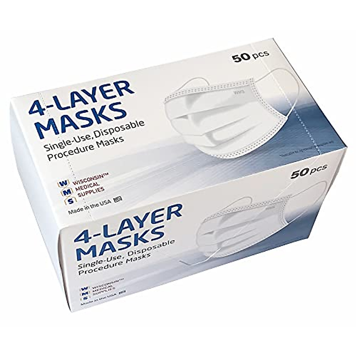 WMS 4-Layer Face Masks, Wisconsin Medical Supplies, MADE IN USA, 1 Pack (50 Masks) White
