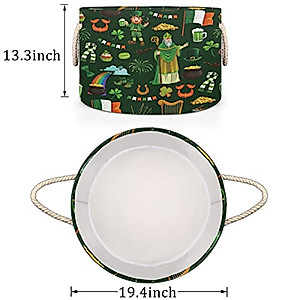 St. Patricks Day Rainbow Large Round Baskets for Storage Laundry Baskets with Handles Blanket Storage Basket for Bathroom Shelves Bins for Organizing Nursery Hamper Girl Boy