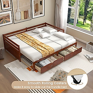 KOMFOTT Wood Daybed with Trundle, Extendable Twin to King Daybed Frame with 2 Storage Drawers, Space Saving Dual-use Sofa Daybed for Bedroom, Guest Room, No Box Spring Required (Walnut)