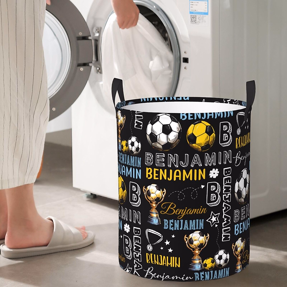 Custom Soccer Laundry Baskets,Personalized Laundry Hamper for Kids Boys Girls Adults,Collapsible Clothes Storage Organizer,16.5 X 13.8in