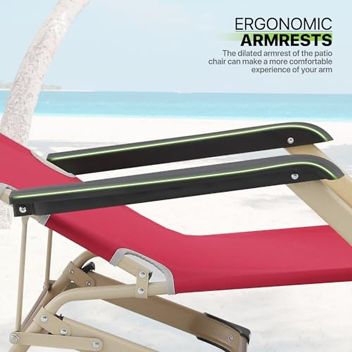 Magshion 2 Pieces Patio Folding Lawn Lounge Chairs Outdoor Lounger Chair Camp Reclining Lounge Chair with Additional Support Bar and Adjustable Headrest for Poolside Backyard