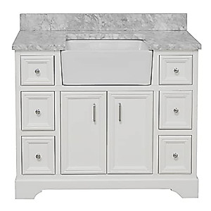 Kitchen Bath Collection Zelda 42-inch Farmhouse Vanity (Carrara/White): Includes White Cabinet with Authentic Italian Carrara Marble Countertop and White Ceramic Farmhouse Apron Sink