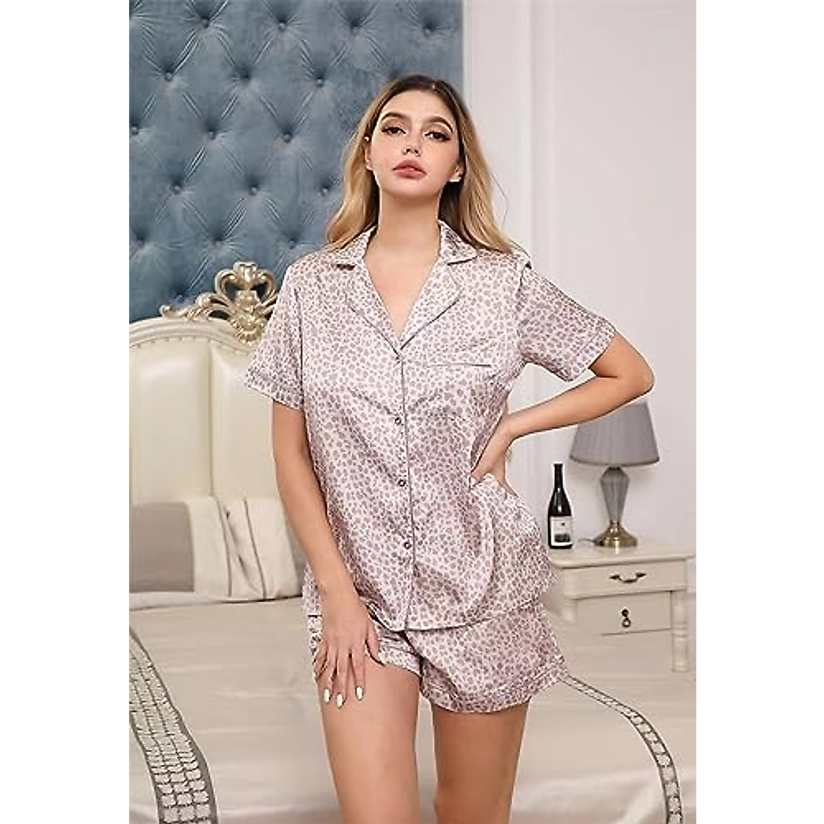 KINA FANG Women’s silk satin pajamas short sleeve loungwear button down sleepwear PJ Set Brown Leopard