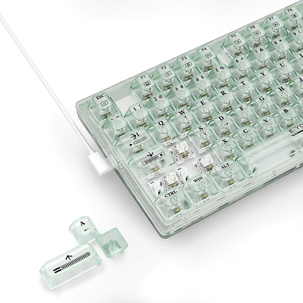 HUO JI Mechanical Gaming Keyboard USB Wired Compact with Clear Keycaps, RGB Side-Lit, Single Led Backlit, Number Pad, White Switch, Detachable Type C Cable, 94 Keys for PC/Computer/Laptop