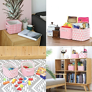 Sea Team Foldable Mini Square New Pink and White Geometric Theme 100% Natural Linen & Cotton Fabric Storage Bins Storage Baskets Organizers for Shelves & Desks - Set of 4 (Pink)