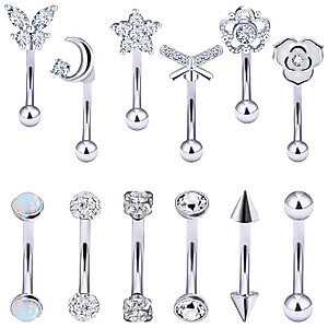 Vsnnsns 16G Rook Daith Piercing Jewelry Stainless Steel 8mm Curved Barbell Eyebrow Rings Helix Tragus Belly Lip Rings CZ Piercing Jewelry Cartilage Daith Rook Earrings for Women Men 12pcs Silve