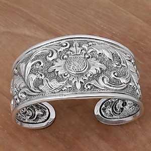 NOVICA Artisan Sterling Silver Cuff Bracelet Repousse from Indonesia No Stone Floral [6 in L (end to End) x 1.6 in W] ' Courageous Soul'