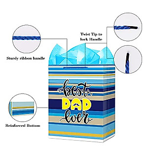 FaCraft Father's Day Gift Bag with Tissue Paper,13" Happy Fathers Day Wrapping Bag with Handle,Large Paper Gift Bag for Dad Father Men Grandpa Best Dad Ever Bags for Birthday Father's Day Party Favor