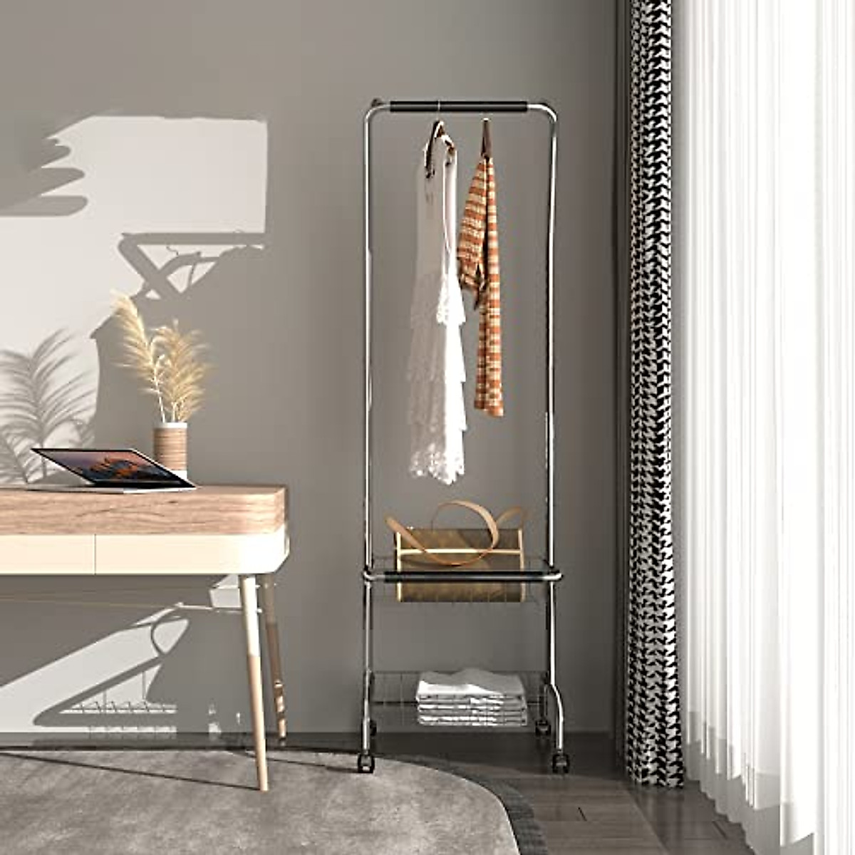 aixsponsa Rolling Clothes Rack with 2 Tier Basket, Freestanding Clothing Racks for Hanging Clothes, Metal Garment Rack with Wheels, Chrome