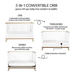 Babyletto Scoot 3-in-1 Convertible Crib with Toddler Bed Conversion Kit in White and Washed Natural, Greenguard Gold Certified