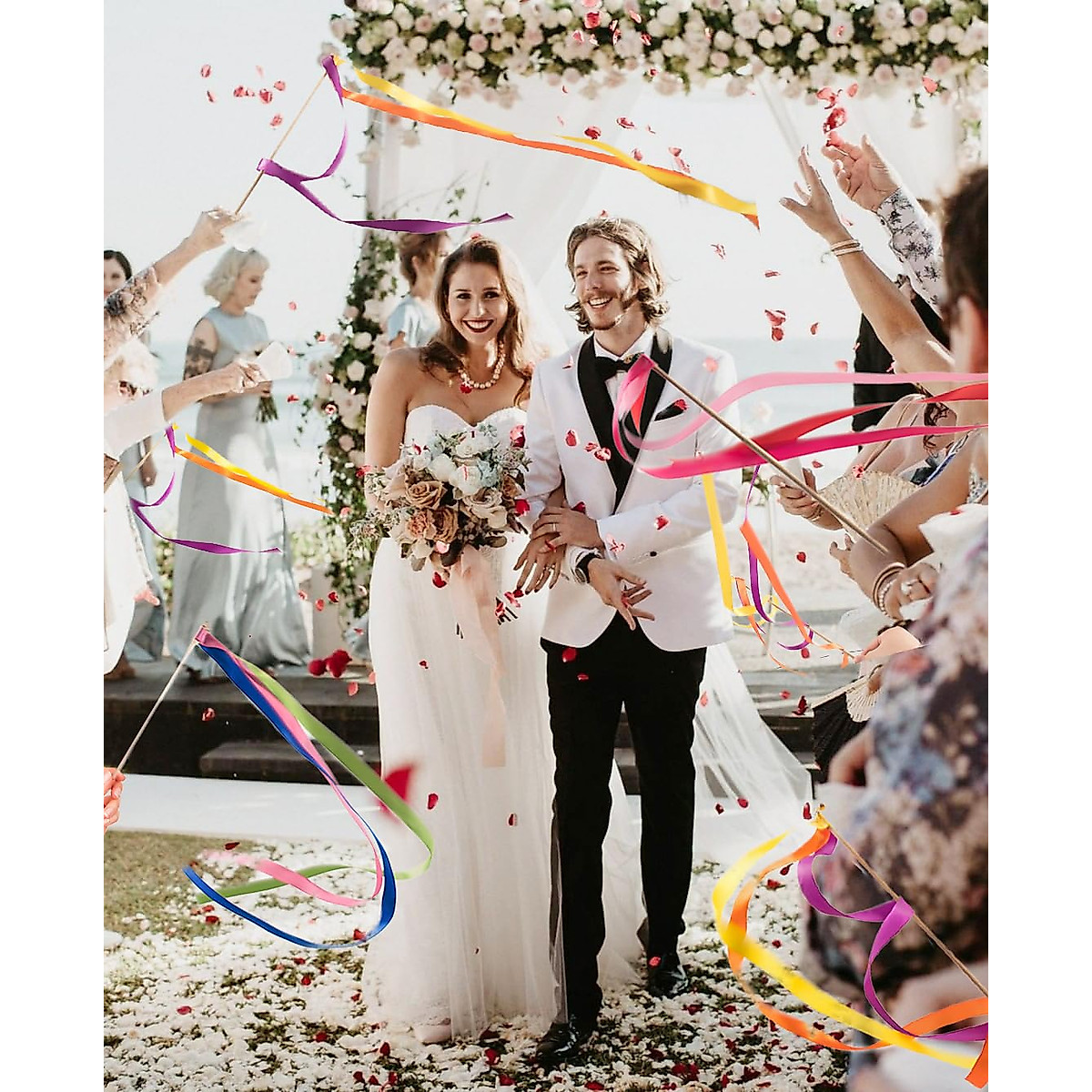 100pcs Rainbow Ribbon Stick Wands with Gold Bell, Multi-Colored Fairy Wish Wands Party Rhythm Send-Off Idea Ribbon Streamers for Wedding, Bridal Shower, Pride Parade, Ceremony Exit Photo Props