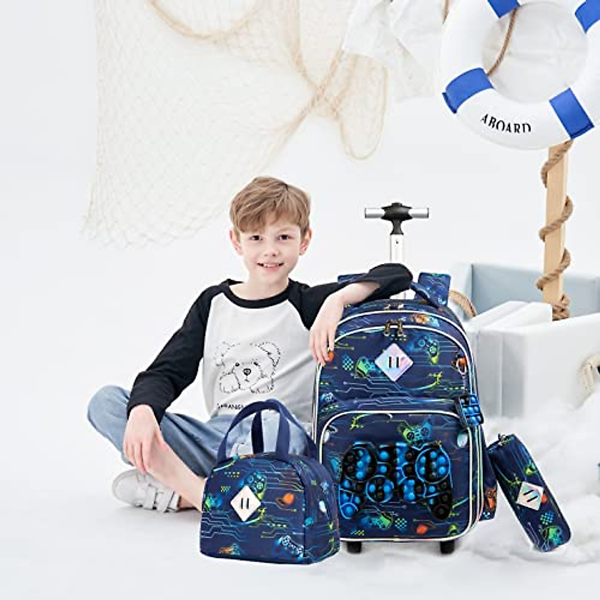 Meetbelify Rolling Backpack for Boys with Wheels Kids Travel Suitcase Laptop Luggage with Lunch Box Set for Boys Age 6-8