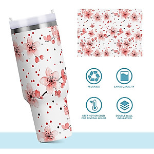 ALAZA Cherry Flowers Dots 40 oz Tumbler Water Bottle with Straw Lid and Handle,Reusable Insulated Stainless Steel Cup for Women Men Travel Car Cup Holder