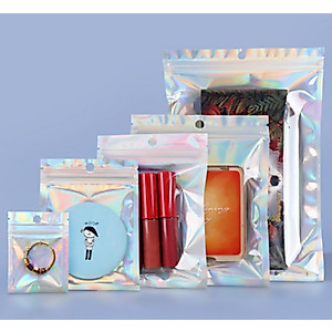 100Pcs Mylar Holographic Bags Smell Proof, Reusable Bags Resealable Odor Proof Bags for Food,Jewelry,Lipgloss,Eyelash,Packaging Small Business Bags(Usable Size: 2.7x4 inch)