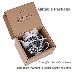 Taimei Teatime Ceramic Tea for One Set, 15 OZ Teapot with Infuser and Cup Set, Blue and White Teapot Set for one, Tea Set for Women, Adults