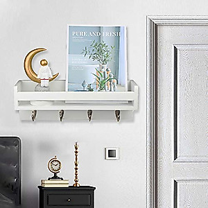 Halcent Wall Mounted Coat Rack Floating Wall Shelf, Wood Coat Hook Rack Entryway Organizer with 4 Key Holder Hooks for Magazine Letter Mail Holder