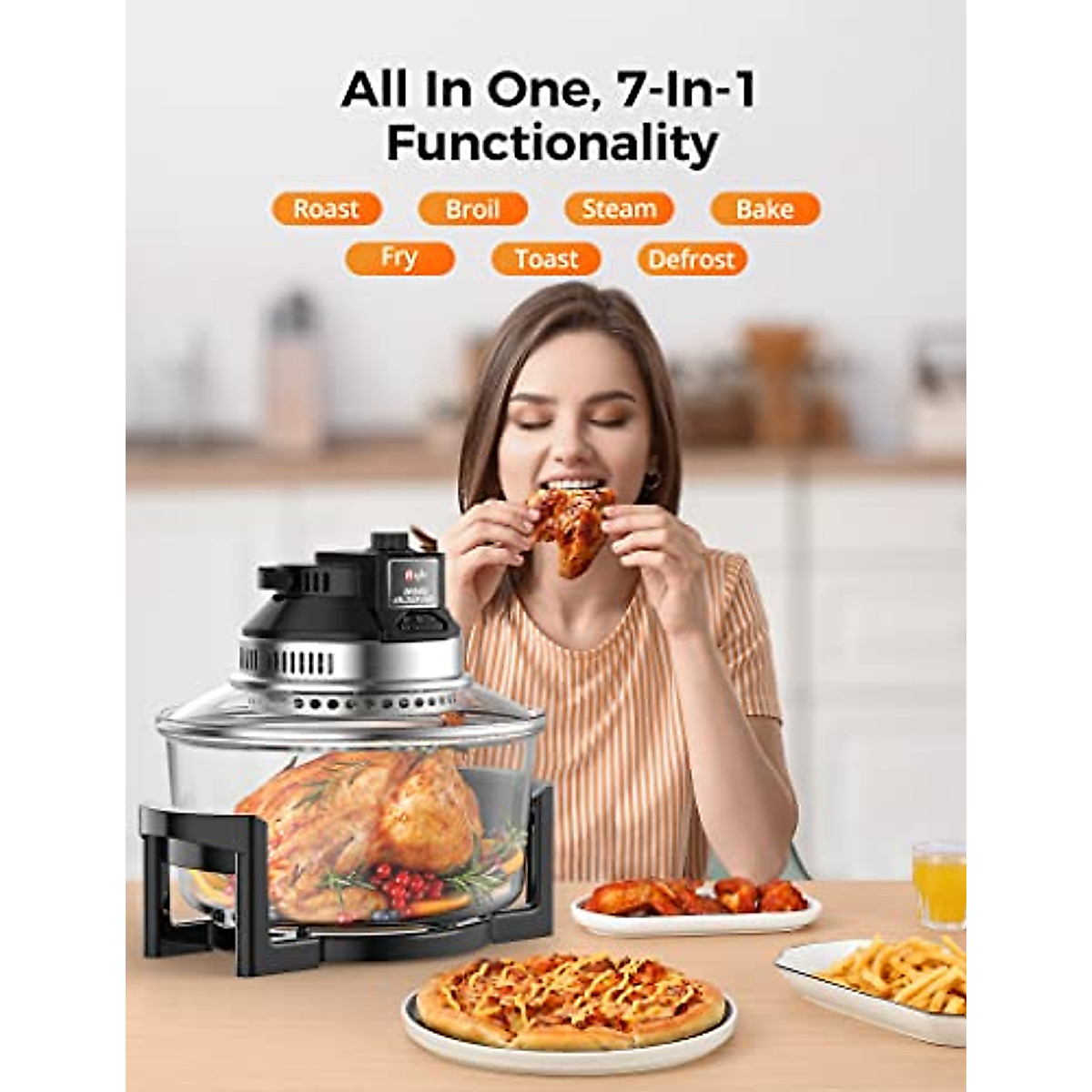 Oil-Free Air Fryer Oven, 12-19QT Air Fryer Toaster Oven, Right Large Infrared Halogen Convection Oven with Recipes, Nonstick and Dishwasher-Safe Glass Container (Black)