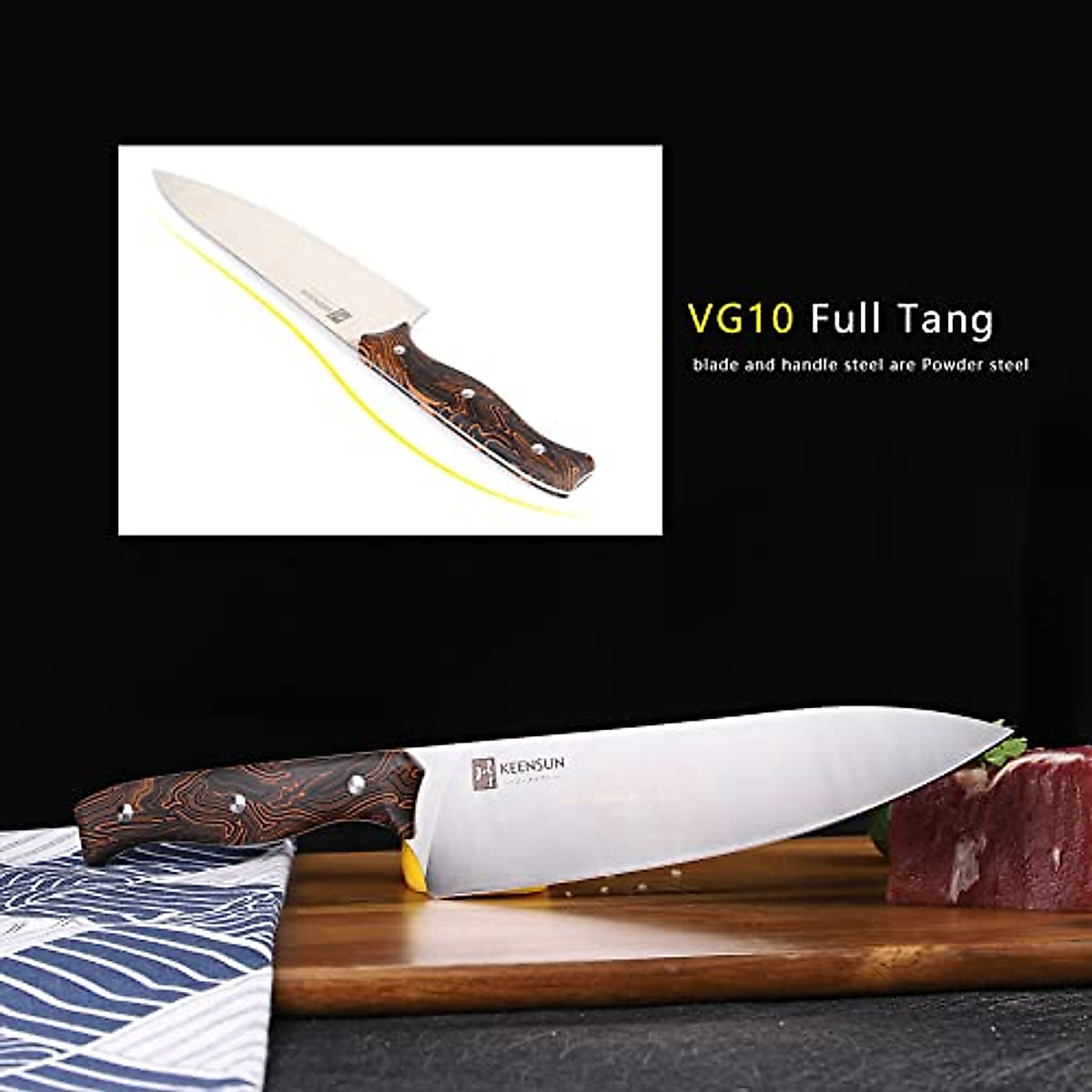 KEENSUN Chef Knife - 8 Inch Professional Kitchen Knife Rust Resistant VG10 Stainless Steel Chef Kitchen Ultra Sharp Cooking Knife,Orange-Black Damascus Pattern G10 Handle,Matte Knife Blade