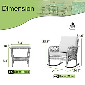 BALDPER 6-Piece Gray Wicker Patio Rocking Chairs Set, Rocking Wicker Bistro Set, Outdoor Furniture Conversation Set with Porch Chairs and Glass Coffee Table, Cloudy Grey