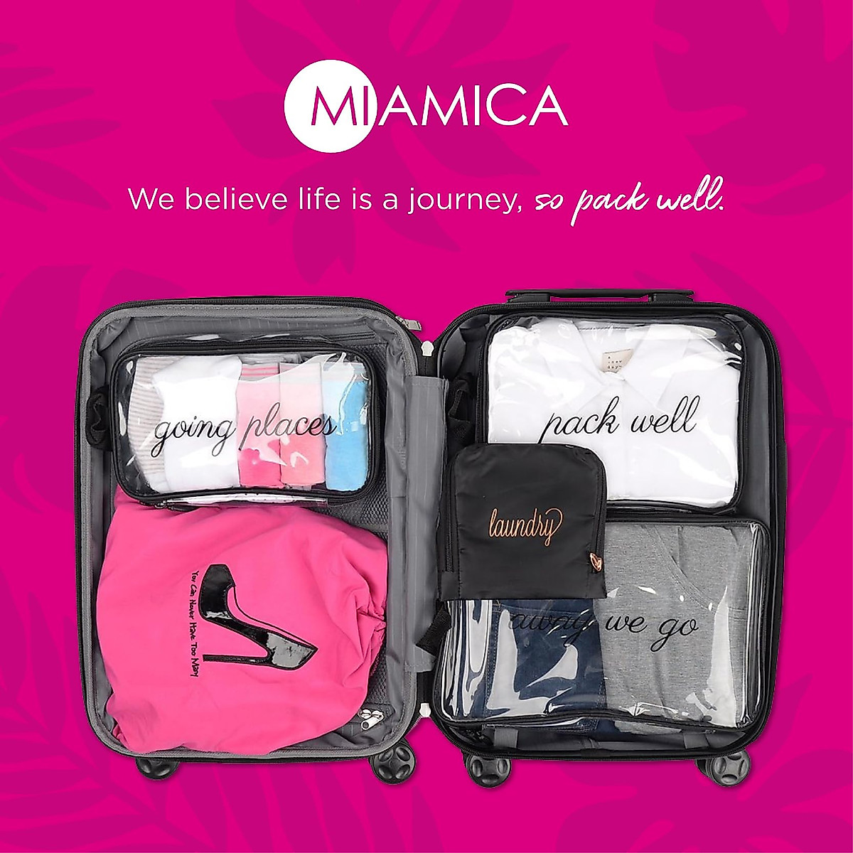 Miamica “Clear for Take Off” TSA Compliant Travel Bottles and Travel Toiletry Bag – Includes 12 Pieces – 7.55" L x 7.4" W x 1.8" D, Clear/Black – Cute Travel Gifts