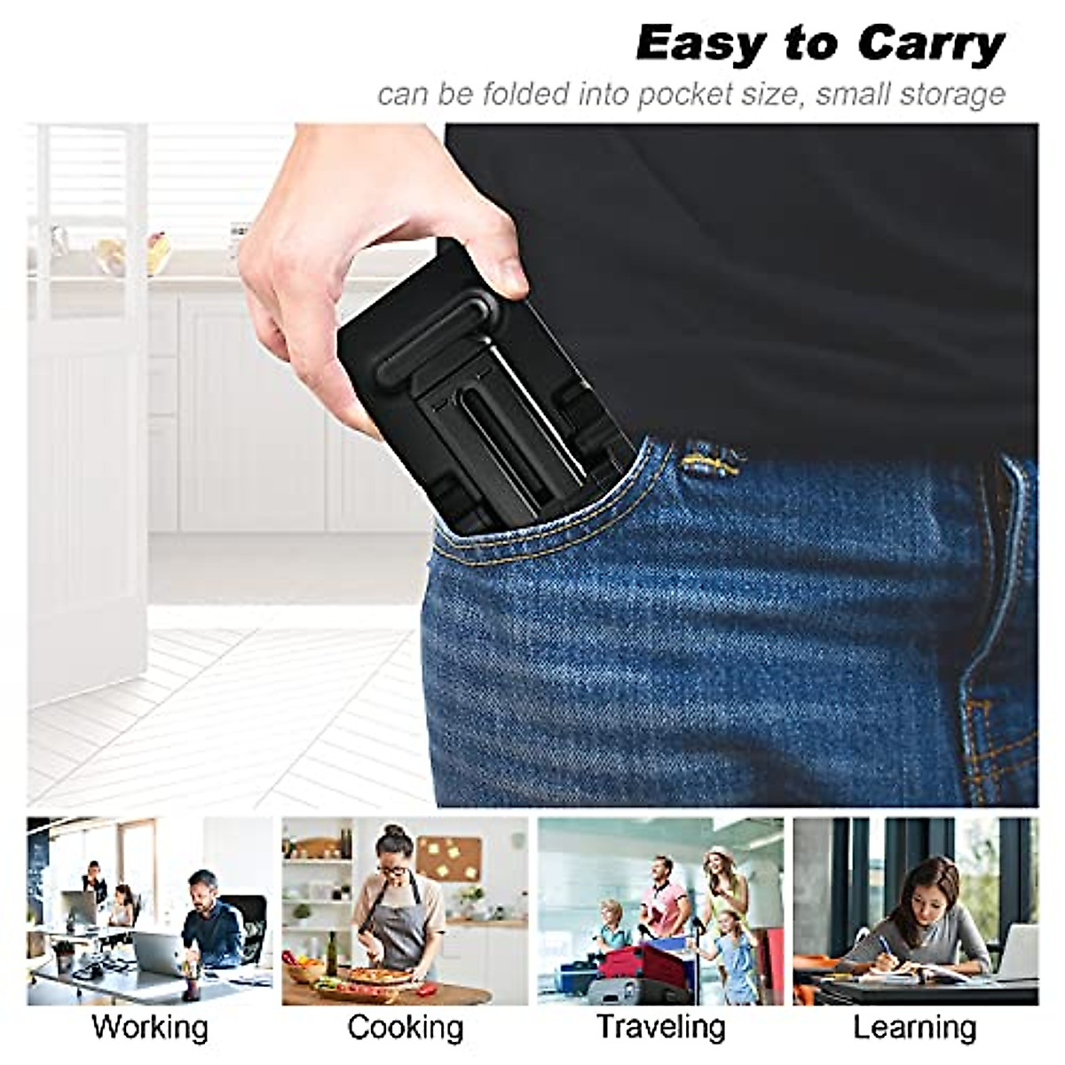 AdplT Foldable Phone Stand for Desk, Adjustable Angle Height Cell Phone Holder with Stable Anti-Slip Design, Universal Desktop Stand, for Smartphones Tablet Portable Monitor, Black