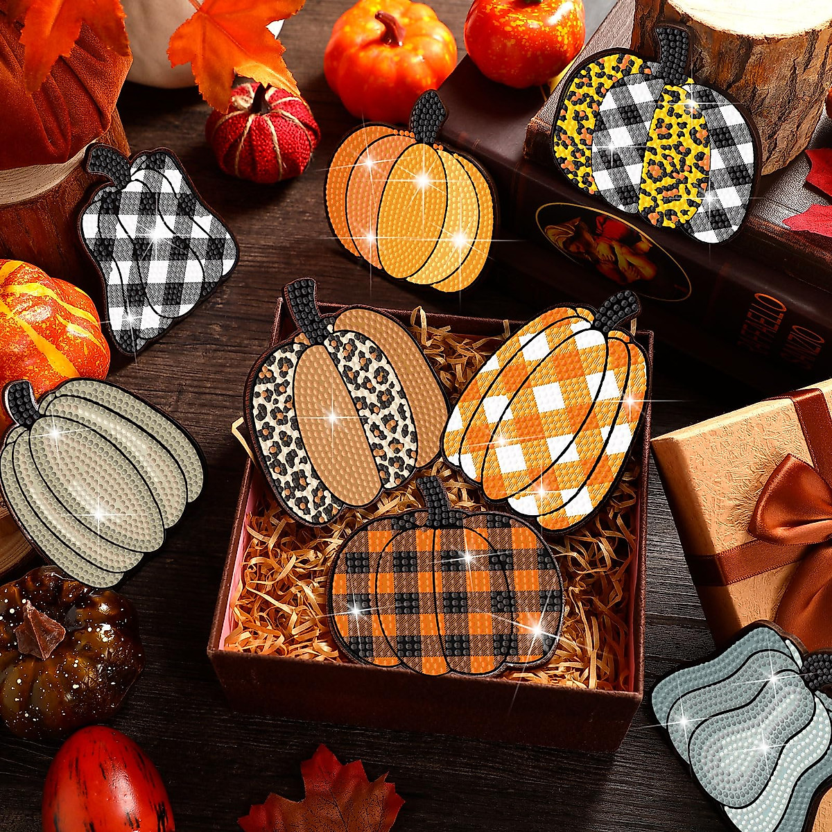 Shellwei 8 Pcs Fall Thanksgiving Diamond Art Coasters Pumpkin Diamond Painting Coasters with Holder Autumn DIY Diamond Painting Kit Diamond Coasters for Adults Crafts Gift Beginner