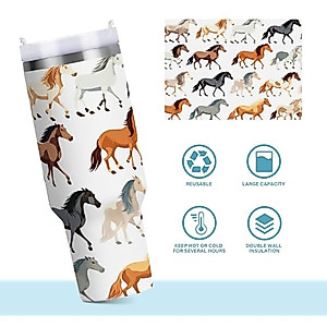 RPLIFE Colorful Horse 40 Oz Tumbler with Handle, Stainless Steel Coffee Tumbler, Insulated Coffee Mug with Lid