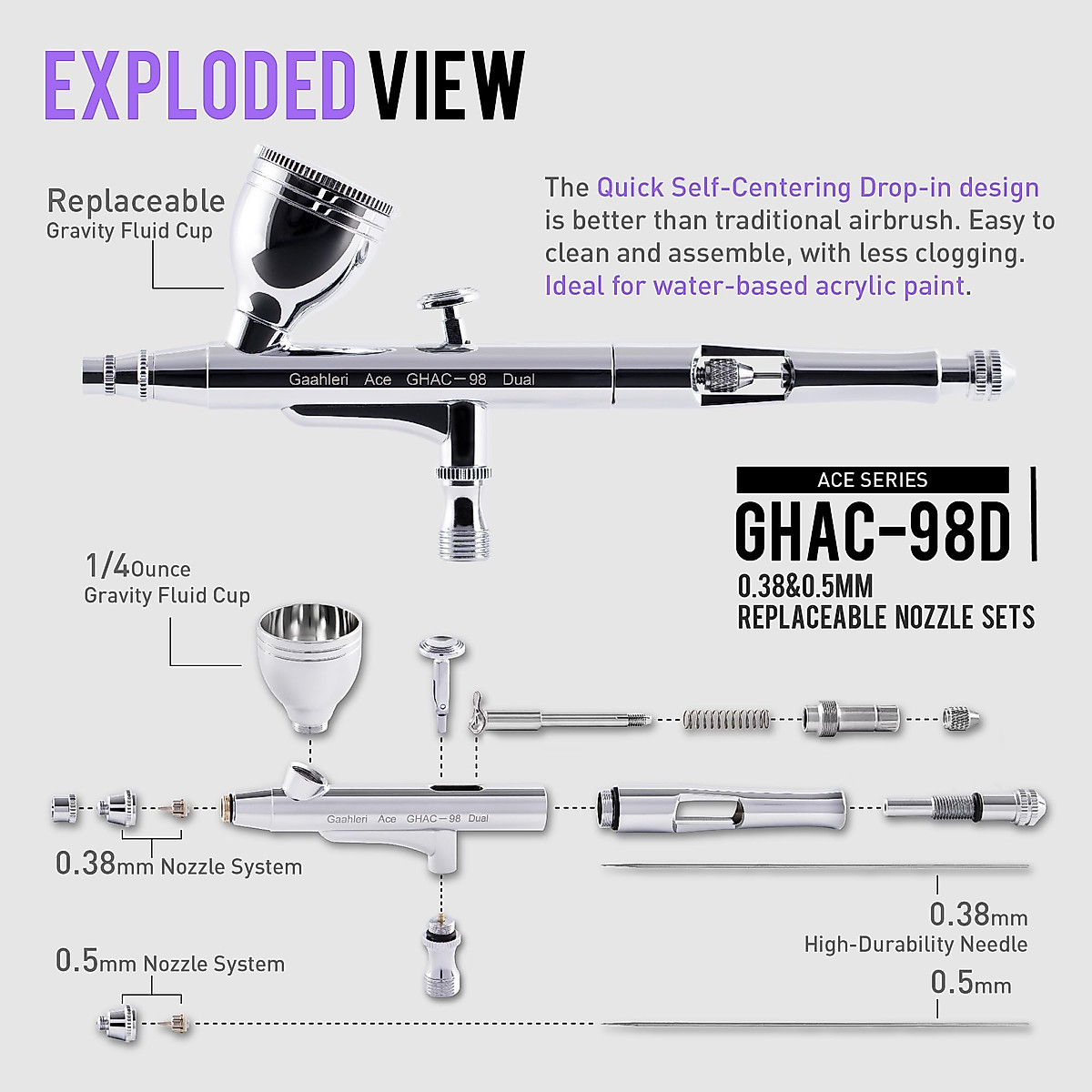 Gaahleri Airbrush Kit, Airbrush Gun with Dual-Action, Gravity Fluid Cup 1/4 oz, Air Brush Kit, Needle Sets 0.38 & 0.5 mm Cutaway Handle, All-Purpose for Makeup Model Coloring Painting Nail Art Cake