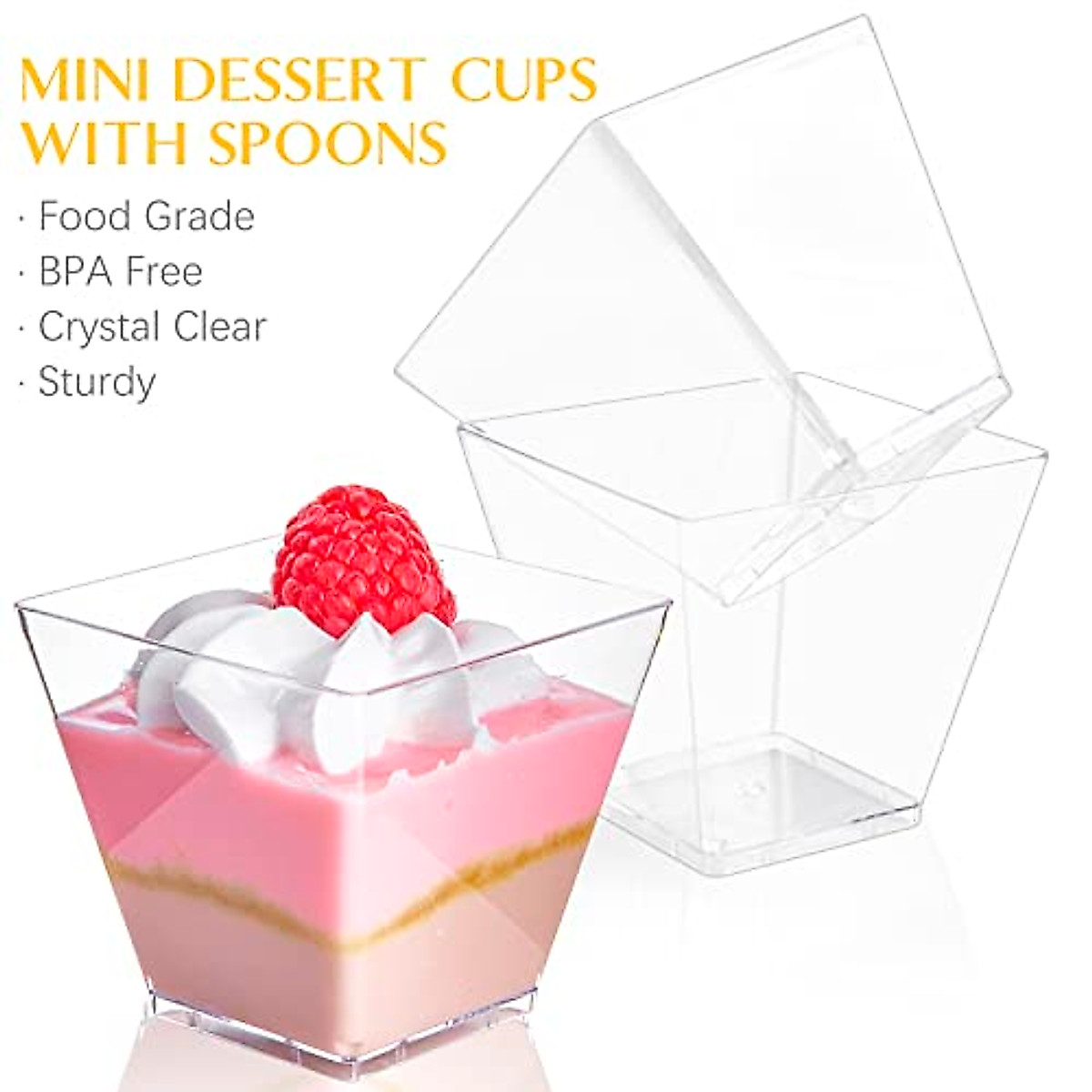 Qeirudu 50 Pack 3.5 oz Square Plastic Dessert Cups with Spoons, Mini Appetizer Cups Clear Parfait Shooter Cups for Tasting Party Small Desserts