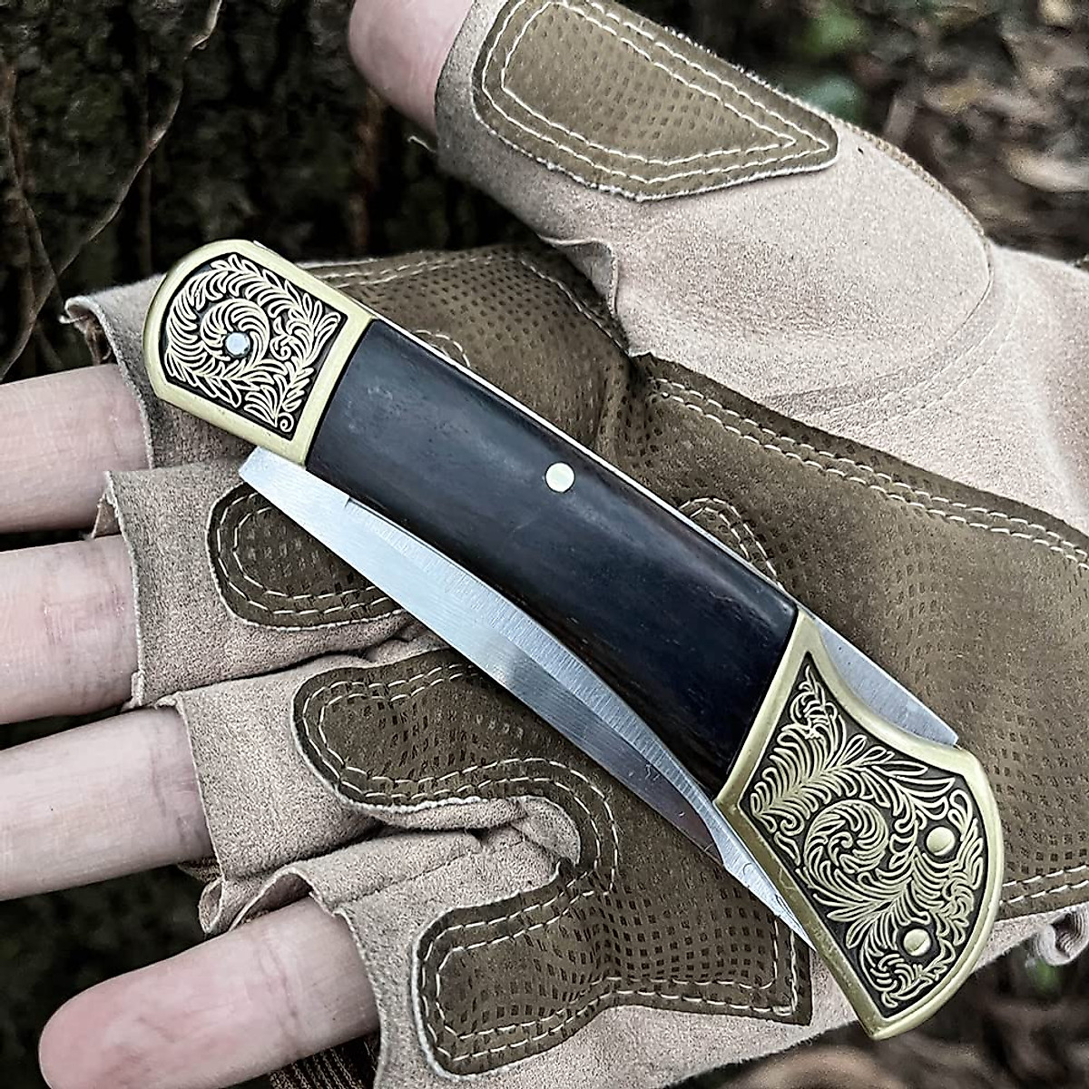 FU-GLBY Embossing Bolster Pocket Folding knife Wood handle EDC Knives Tools (black)