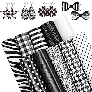 Whaline 10Pcs Faux Leather Sheet White & Black Synthetic Leather Fabric 8 x 12 Inch Pattern Stripe Plaid Glitter Faux Craft Leather for DIY Earring Hair Bow Making