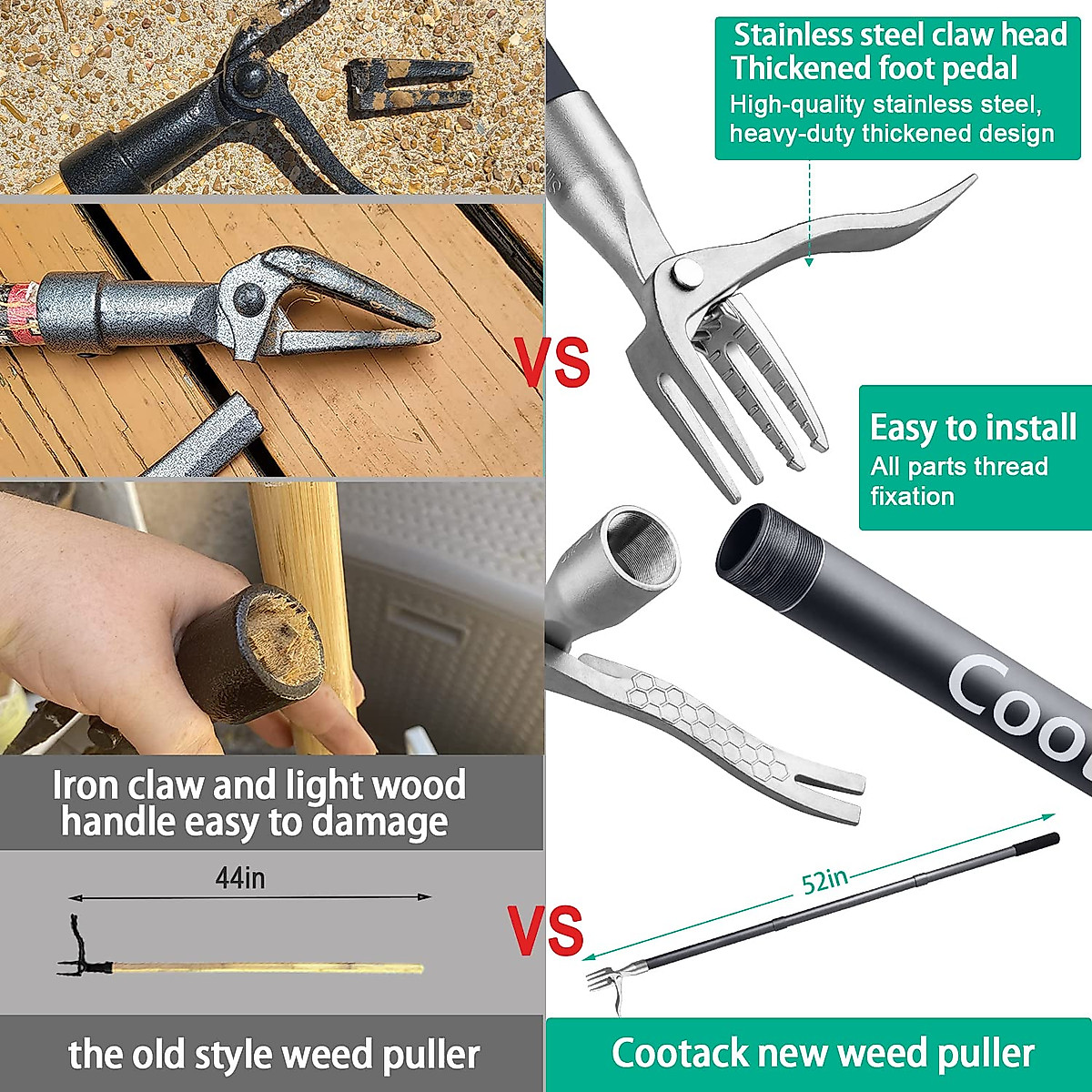 Cootack 52'' Weed Puller with Long Handle Stand-up Hand Weeder Manual Weeding Tool with Stainless Steel Claw for Garden/Yard/Lawn, Weed Remove Without Bending or Kneeling