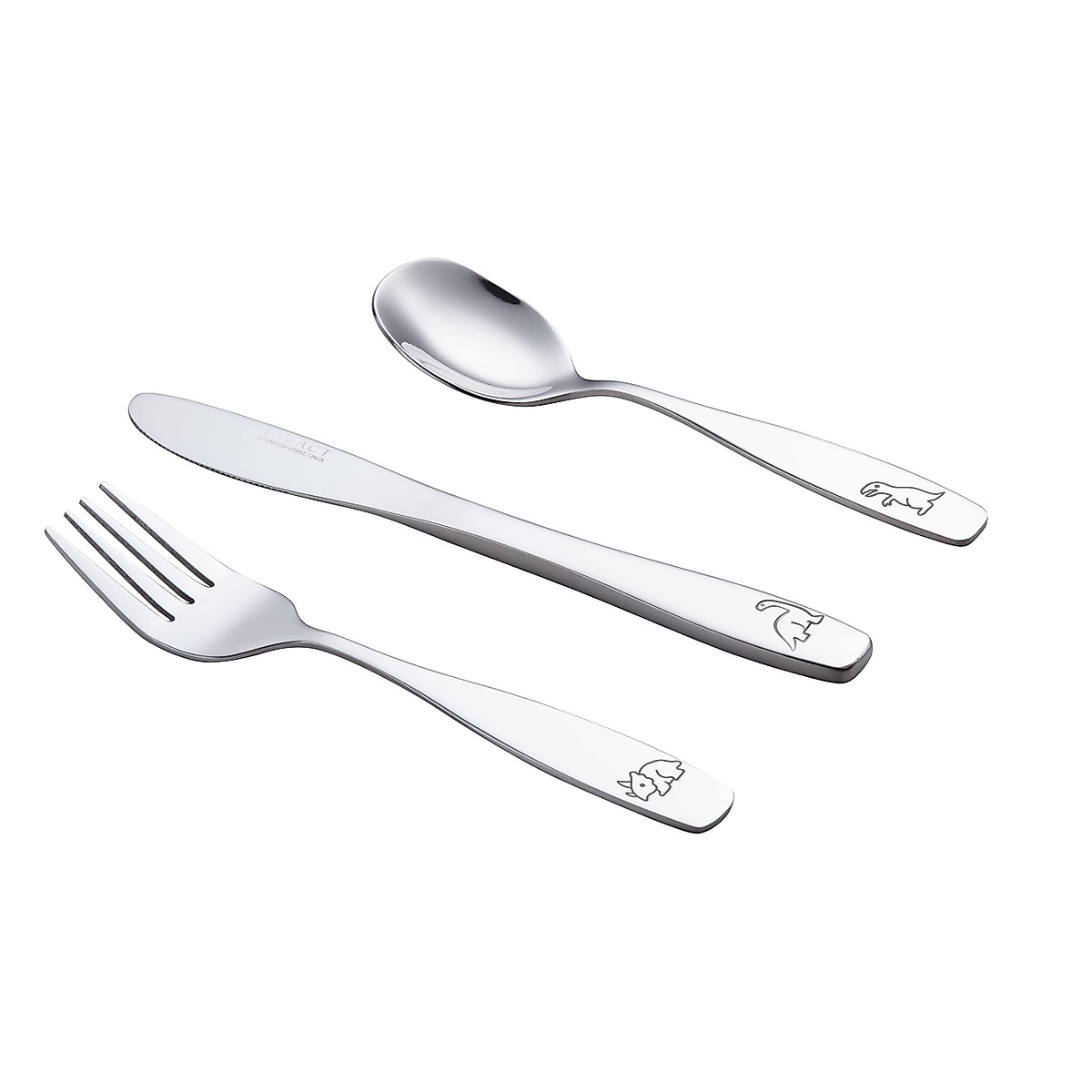 Exzact Kids Flatware 6 Pieces Set - Stainless Steel Silverware 2 x Forks, 2 x Safe Table Knife, 2 x Tablespoons - Child Toddler Utensils - Dinosaurs Engraved