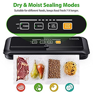 KOIOS Vacuum Sealer Machine, 86Kpa Automatic Vacuum Air food sealer/Built-in Cutter Starter Kit, Dry & Moist Food Preservation Modes, Pulse Function, LED Indicator Lights, Black