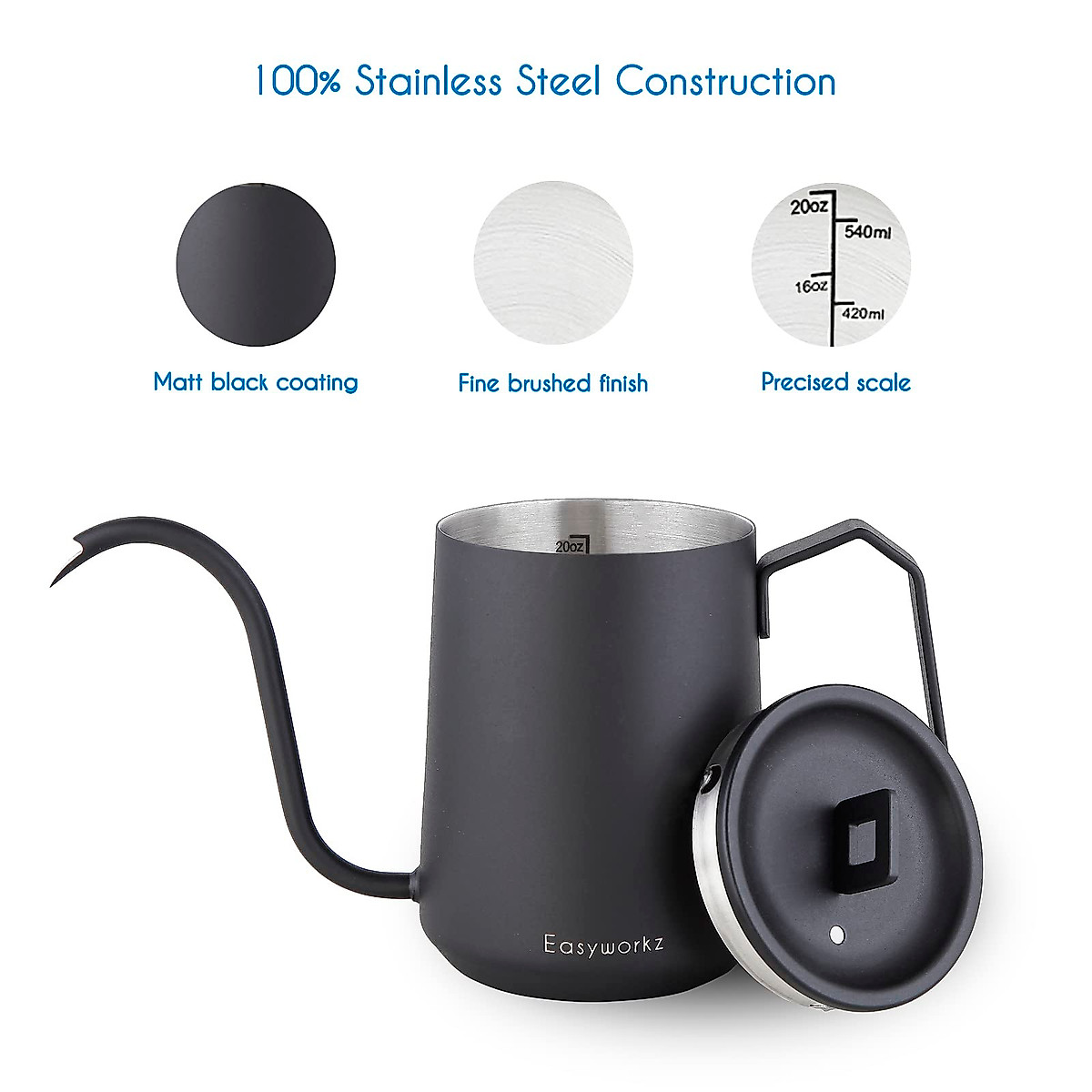 Easyworkz Gooseneck Pour Over Coffee Kettle 20 oz Stainless Steel Hand Drip Coffee Pot With Long Narrow Spout, Matte Black