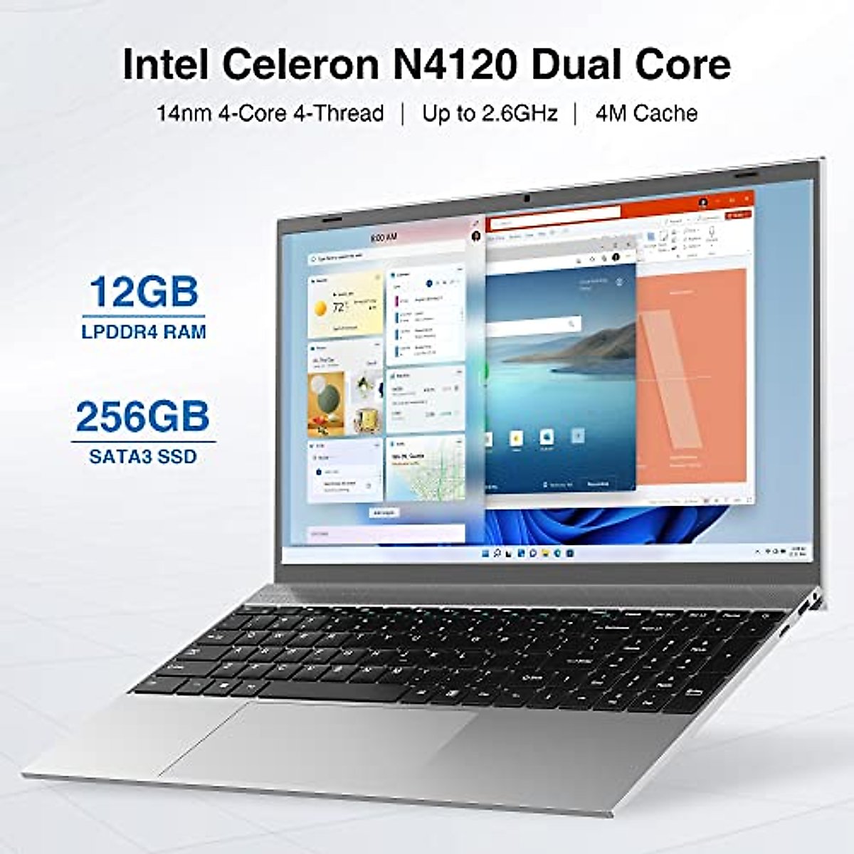 BiTECOOL Windows 11 Laptop, 15.6 inches Full HD IPS Display, Intel Celeron N4120 Quad Core, 12GB RAM and 256GB SSD Laptop Computer, 2.4/5G WiFi, BT4.2, Full Size Keyboard and Ultra Slim