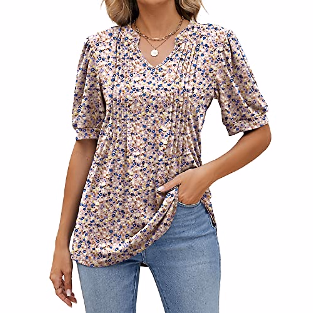Womens V Neck Shirts Short Sleeve Summer Tops Puff Pleated Casual Tunic Blouses Floral Pink XXL