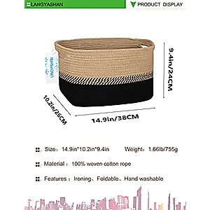 LANGYASHAN Rectangular Woven Rope Basket Decorative Blanket Basket for Living Room Storage or Nursery Laundry Hamper Basket with Handles Laundry Basket (Black Invisible Handle)