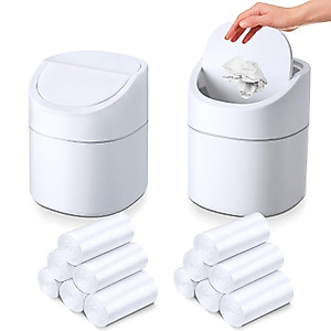 Kittmip 2 Pcs Mini White Desk Trash Garbage Can with Lid and 360 Pcs Trash Bags White 0.5 Gallon Tiny Countertop Waste Basket Desktop Trash Bin for Bathroom Kitchen Table Office