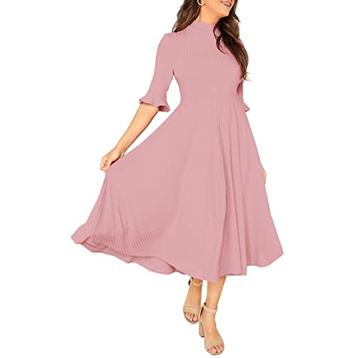Verdusa Women's Elegant Ribbed Knit Bell Sleeve Fit and Flare Midi Dress Pink L
