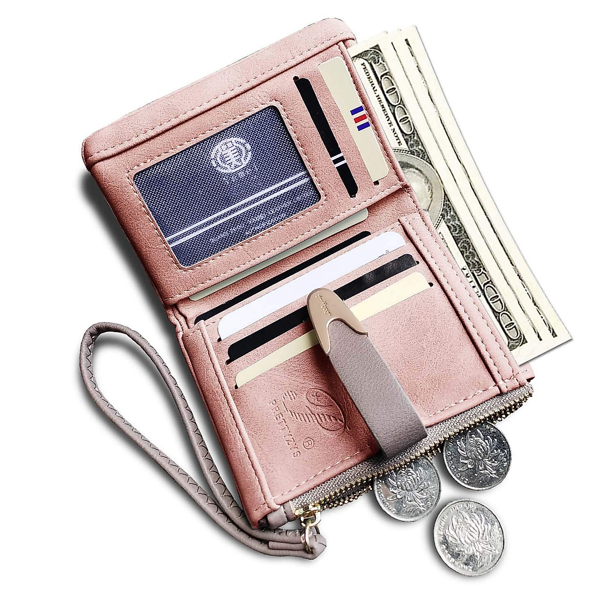 TOPKULL Wallets for Women Rfid Small Compact Bifold short Wallet,Ladies Wristlet Zipper Coin Purse (Pink)