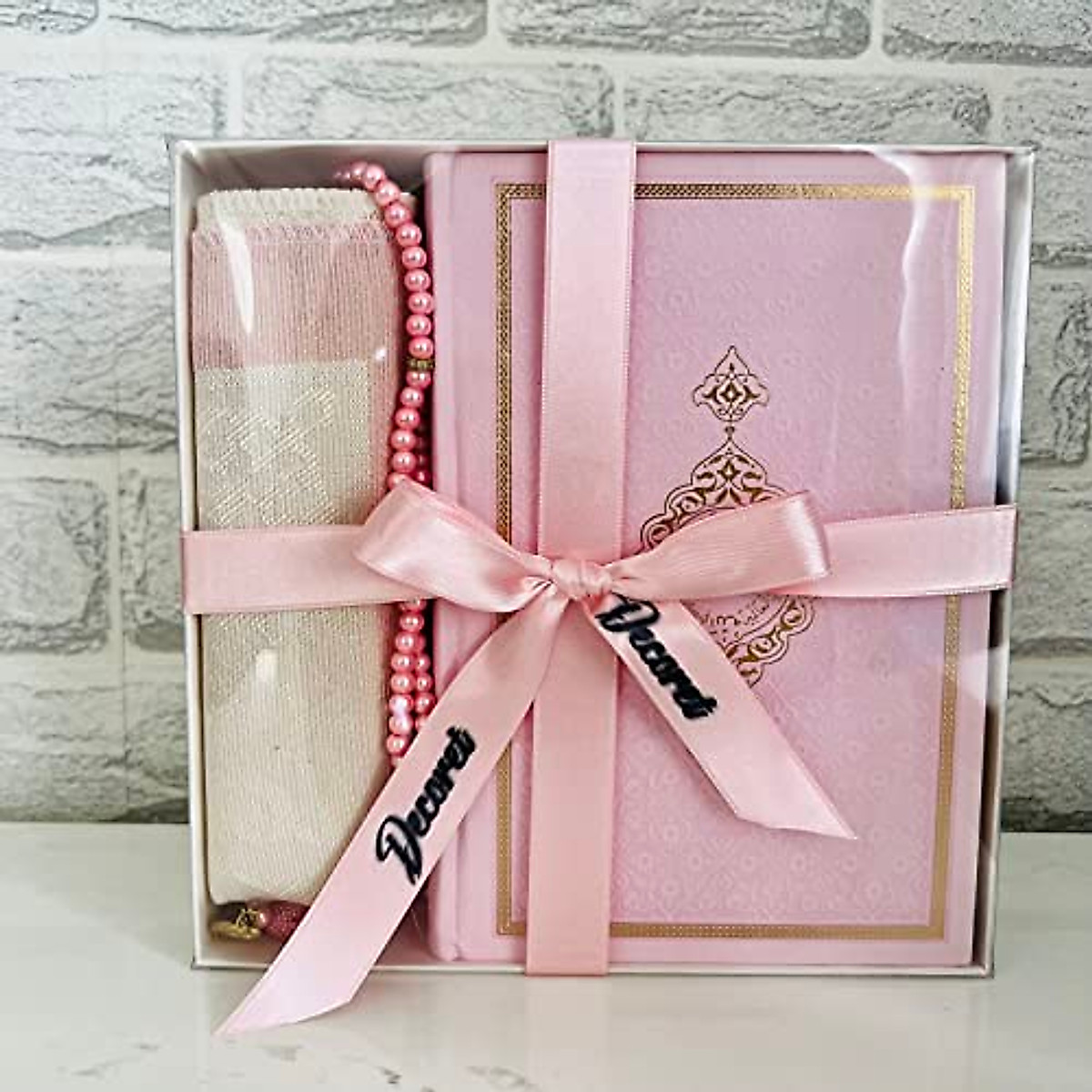 Muslim Prayer Rug,Full Arabic Thermo Leather Covered Quran (8.0 * 5.5 inc / 14 * 20 cm) and Beads I Perfect Islamic Gift I Muslim for Men&Women | Luxury Gifts (Pink)