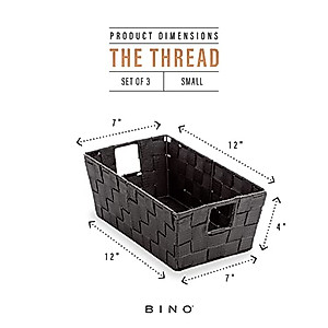 BINO 3 Pack Woven Strap Storage Basket Organizer - Shelf/Under Bed Organizers with Built-in Carry Handles, Dark Grey (Small)