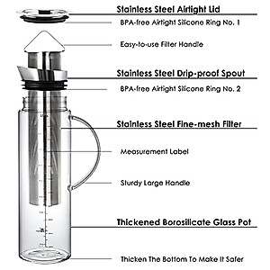 Aquach Cold Brew Coffee Iced Tea Maker & Fruit Pitcher - Large Capacity 68 Ounces - with Durable Glass Carafe / Fine Mesh Steel Infuser / Airtight Lid