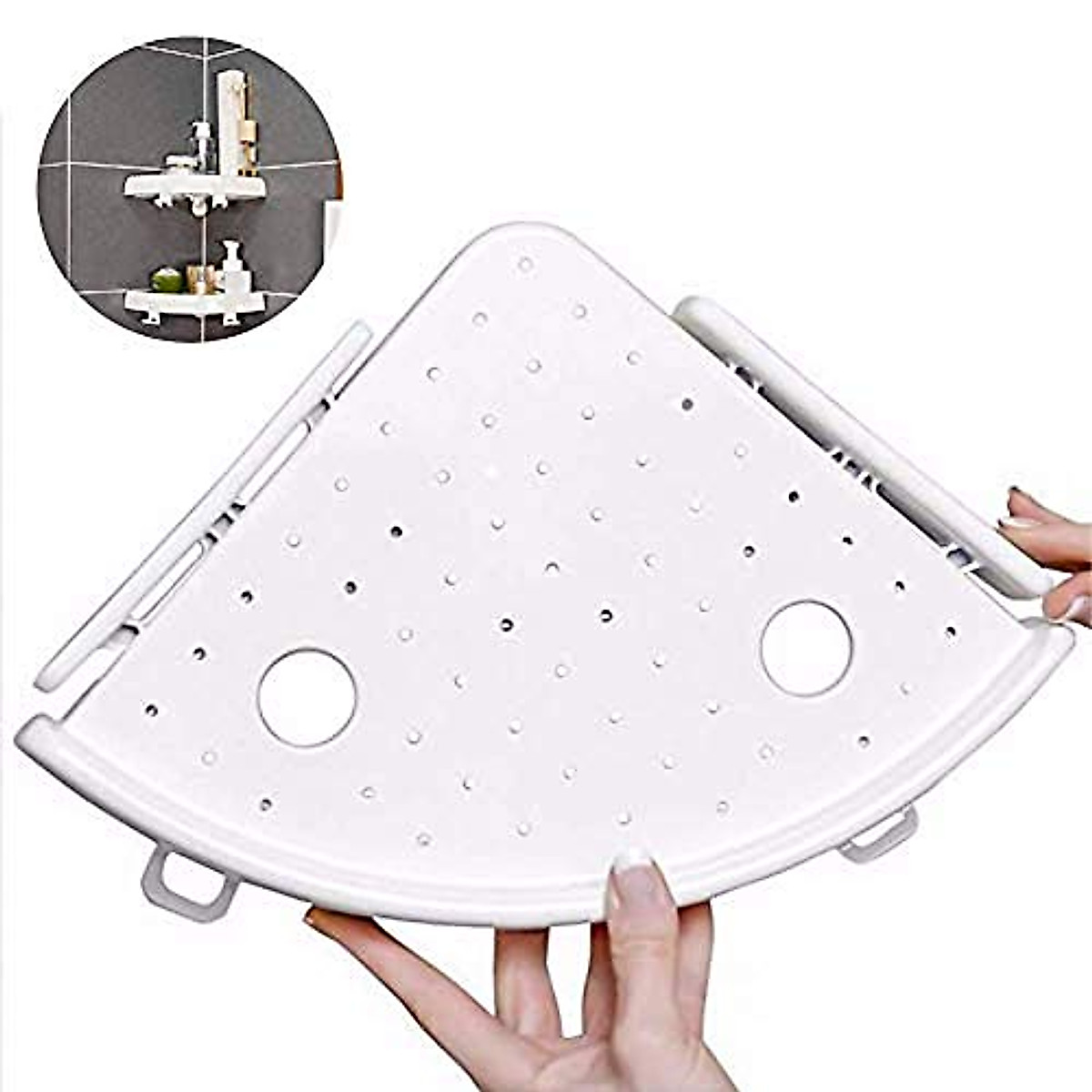 LKTINA New Snap Up Corner Shelf, Triple Bathroom Wall Corner Mount Storage Holder Kitchen Corner Storage Rack Non-marking Shelf with Hooks Easy to Install (White)