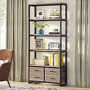Tribesigns 70.9" Tall Bookshelf, Etagere Bookcase with 4 Drawers, Modern 5-Tier Open Display Storage Shelf for Living Room, Home Office, Gray