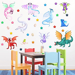 MEFOSS Creative Fairy Dragon Wall Decals Cartoon Large Wings Dragons Eggs Stars Wall Stickers Easy to Peel and Stick Wall Stickers Art Paper for Playroom Nursery Classroom Kids Bedroom Wall Decor