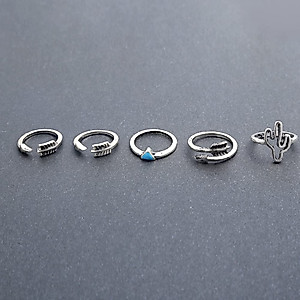 Octwine 9 Pcs Bohemian Knuckle Silver Rings Set Turquoise Finger Ring Flower Midi Vintage Rings Punk Leaf Index Ring for Women and Girls