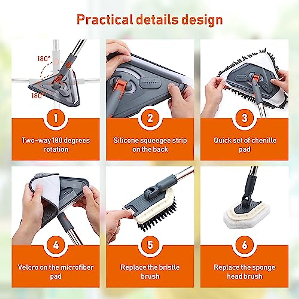 80 Inches Wall Mop with Long Handle Ceuku Wall Cleaner Mop with Extension Pole 39" to 80" Wall Duster With 3 Replacement Pad and 2 Tile Tub Brush, Wall Cleaner Mop for Cleaning Ceiling Window Tile Tub